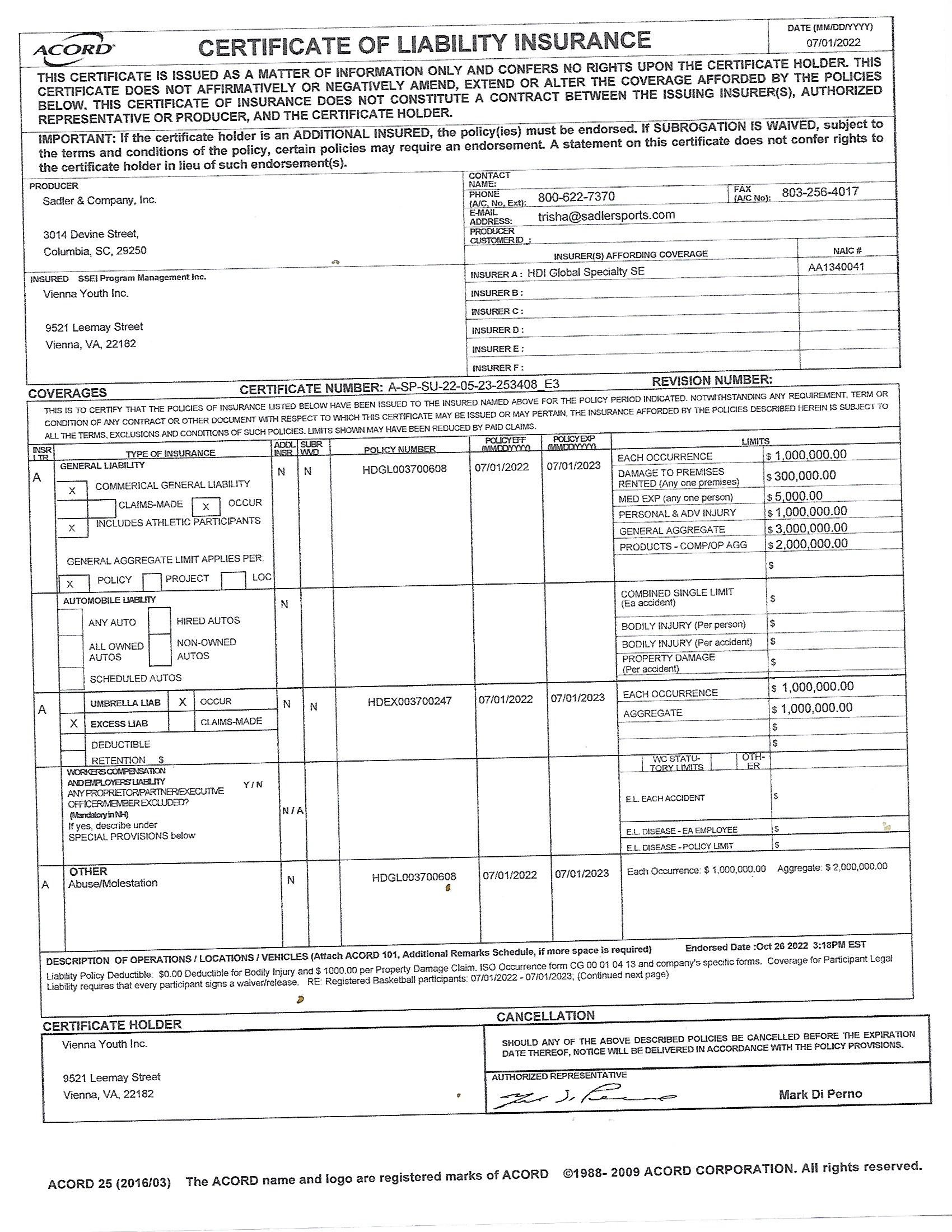 Vienna Youth, Inc. | Certificate of Insurance
